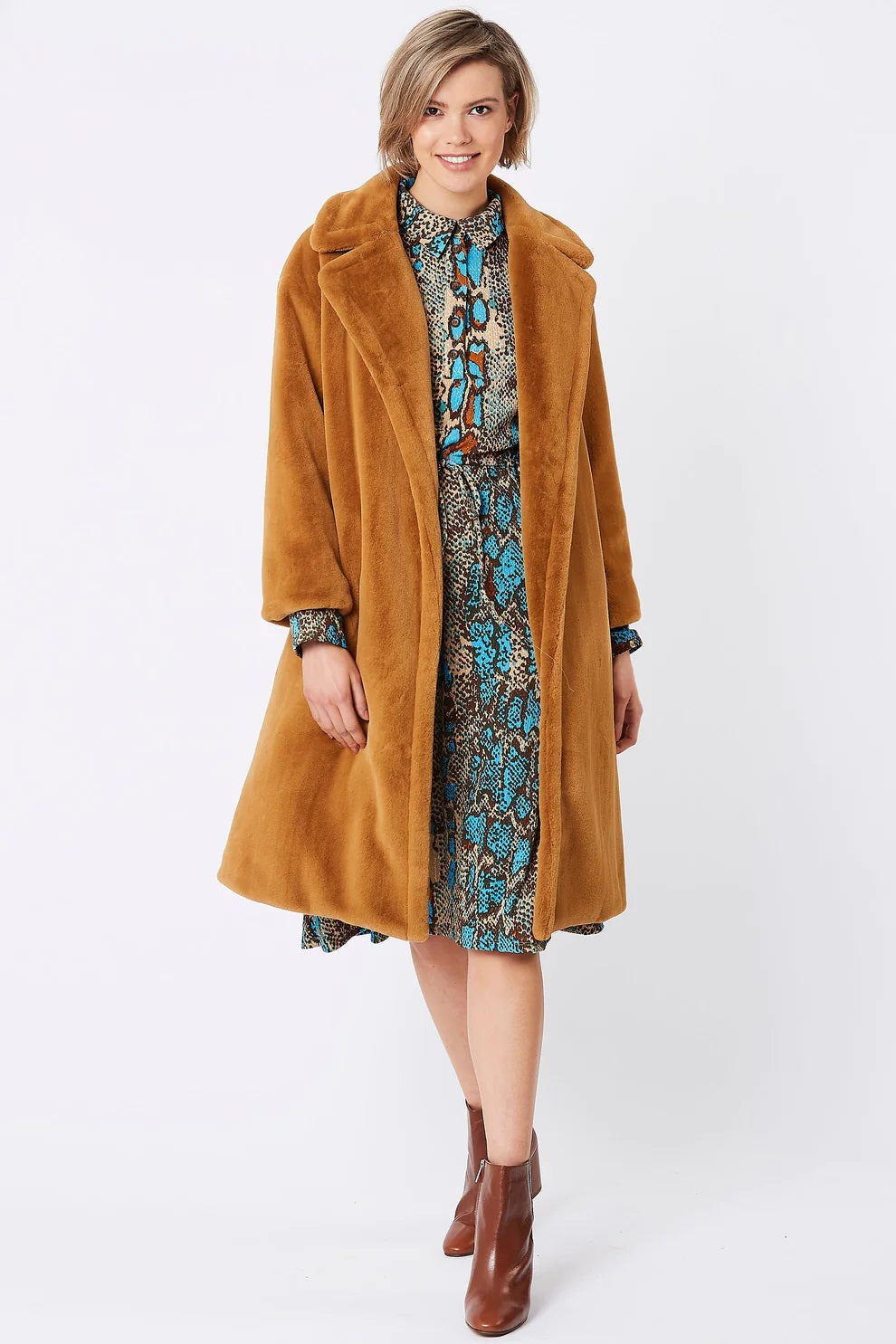 Mocha Faux Fur Midi Shaved Shearling Coat – Lily Ella